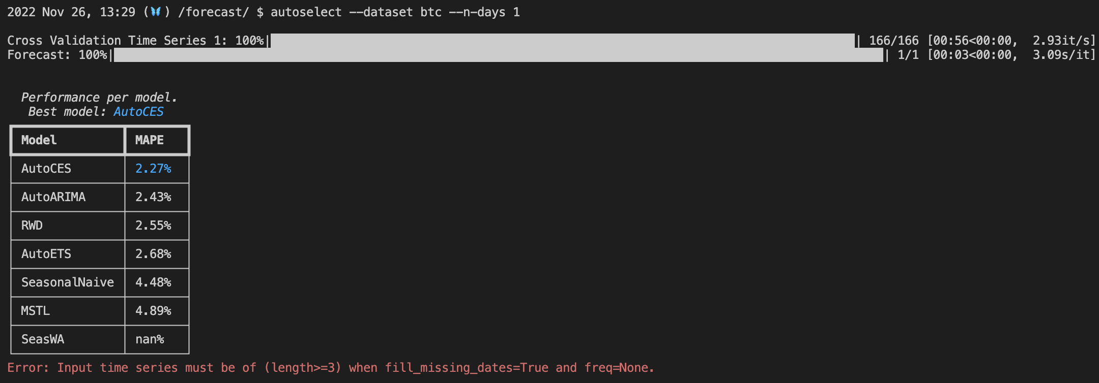 [Bug] Statforecast `autoselect` bug when number of days is 1 · Issue #3599 · OpenBB-finance ...