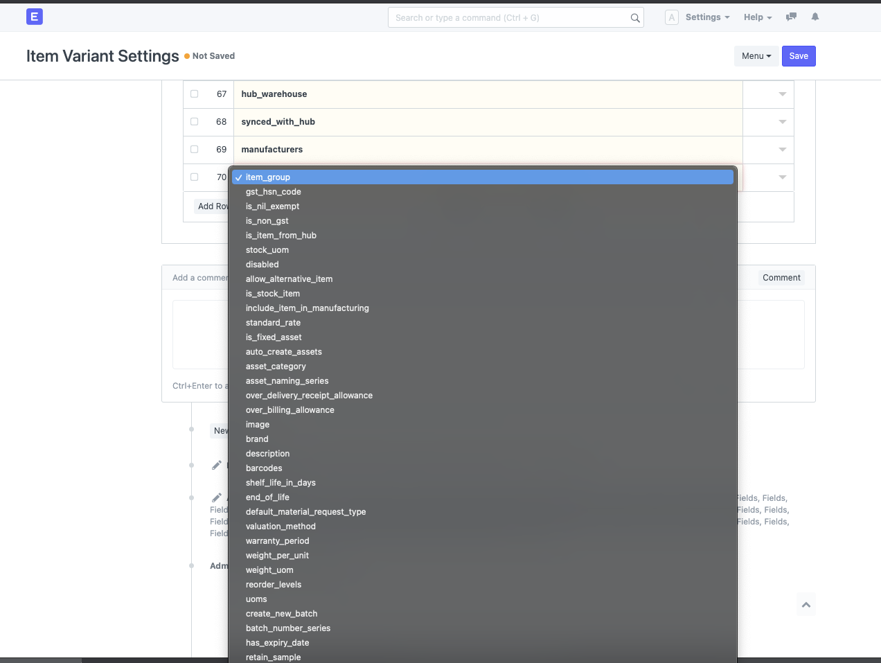 Item Variant Settings Fields dropdown shows up empty V13 · Issue #25381 · frappe/erpnext · GitHub