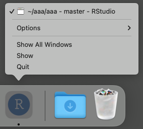 Dock menu missing New RStudio Window command, showing generic icon ...