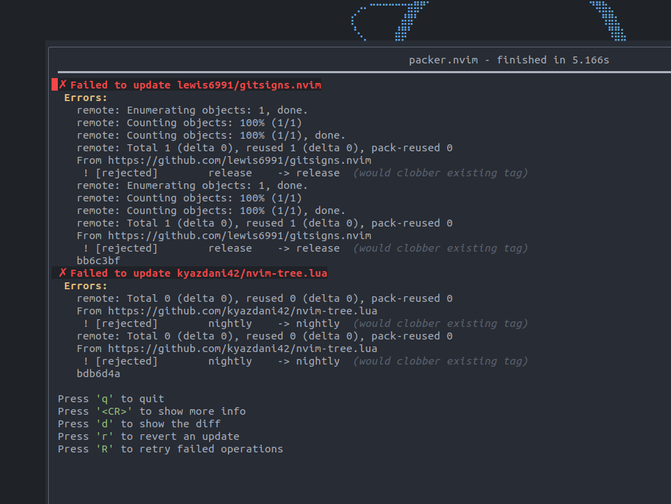 Unable to update `nvim-tree` and `gitsigns` · Issue #3072 · LunarVim/LunarVim · GitHub