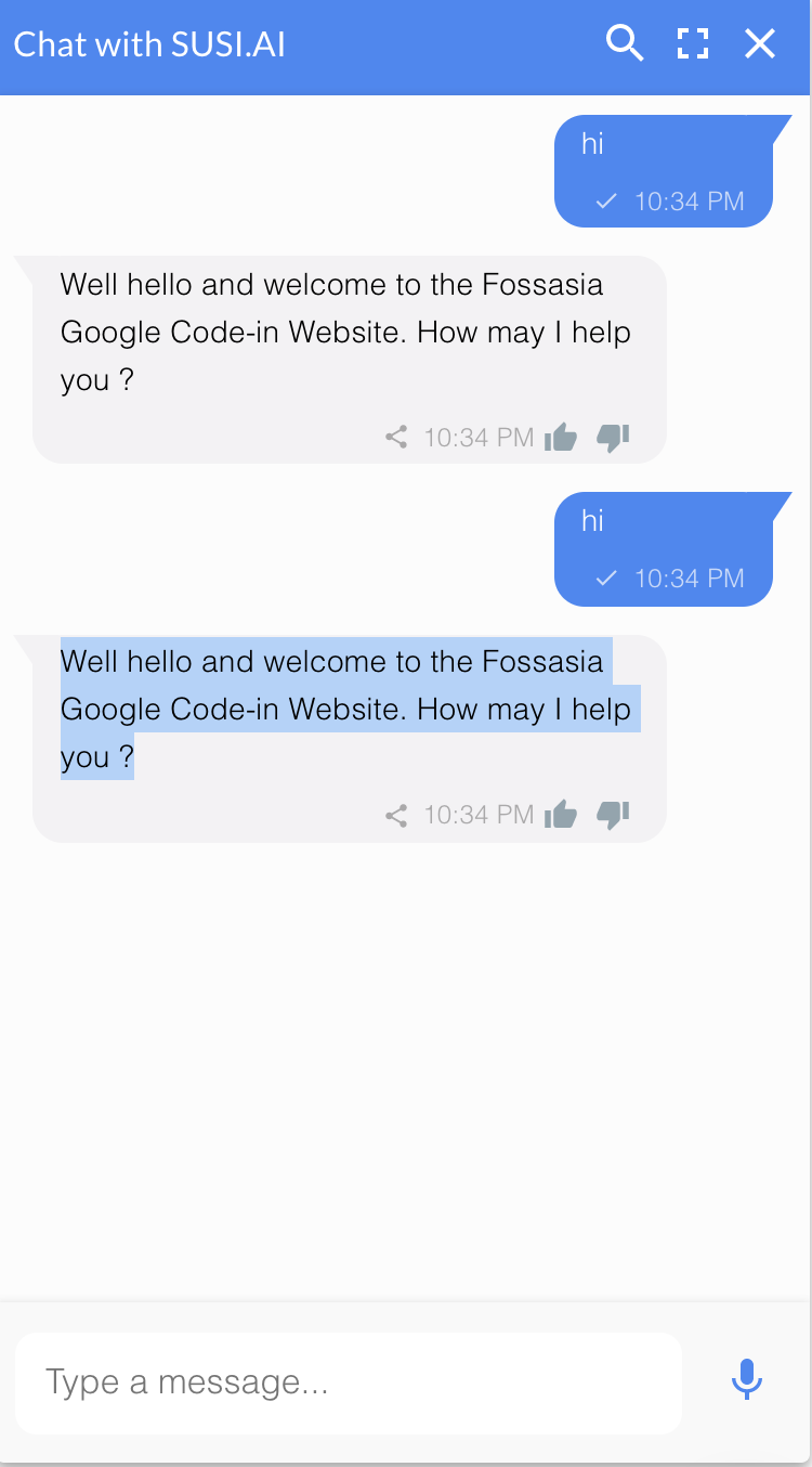 Change SUSI Widget reply to Hi · Issue #3120 · fossasia/susi.ai · GitHub
