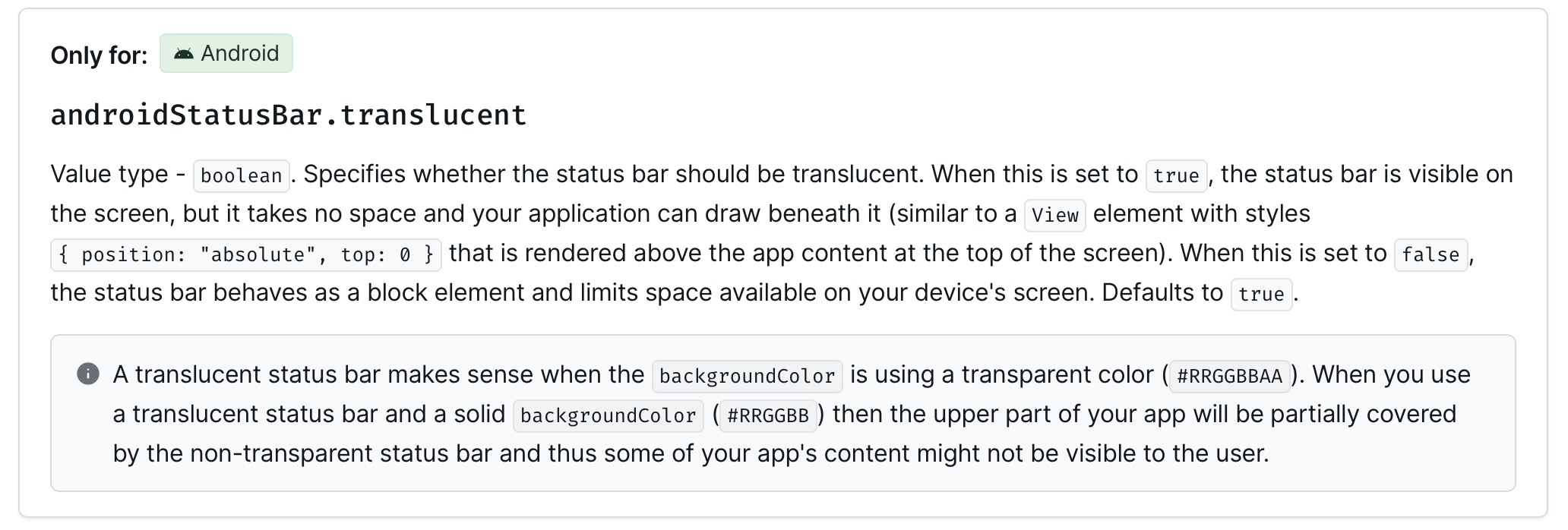 Docs `androidstatusbartranslucent True` Docs Do Not Mention That It Breaks 