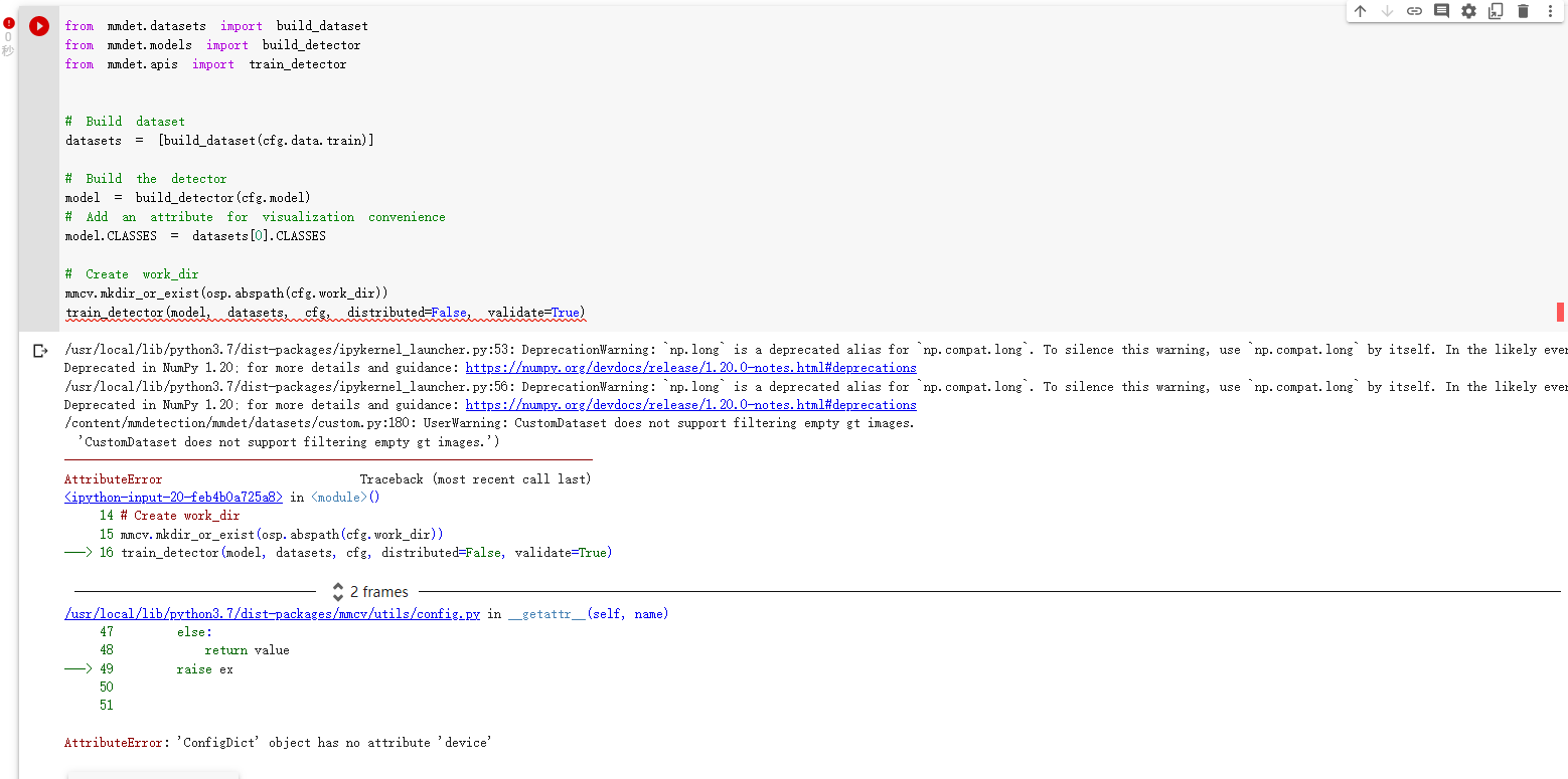 colab上运行训练自定义数据集的demo，训练时提示配置文件中没有device · Issue #7877 · open-mmlab/mmdetection · GitHub