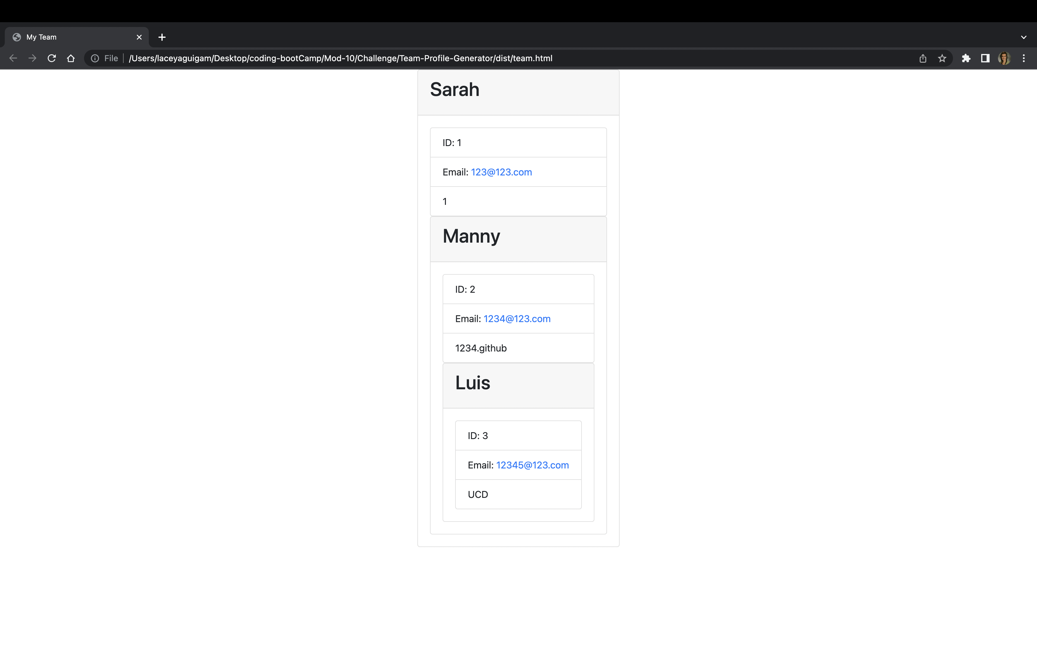 GitHub - laceyaguigam/Team-Profile-Generator: Create a team profile using the command-line
