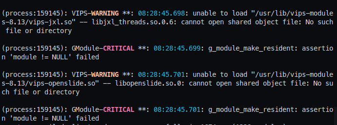 Getting `VIPS-WARNING` and `GModule-CRITICAL` while running in dev mode ...