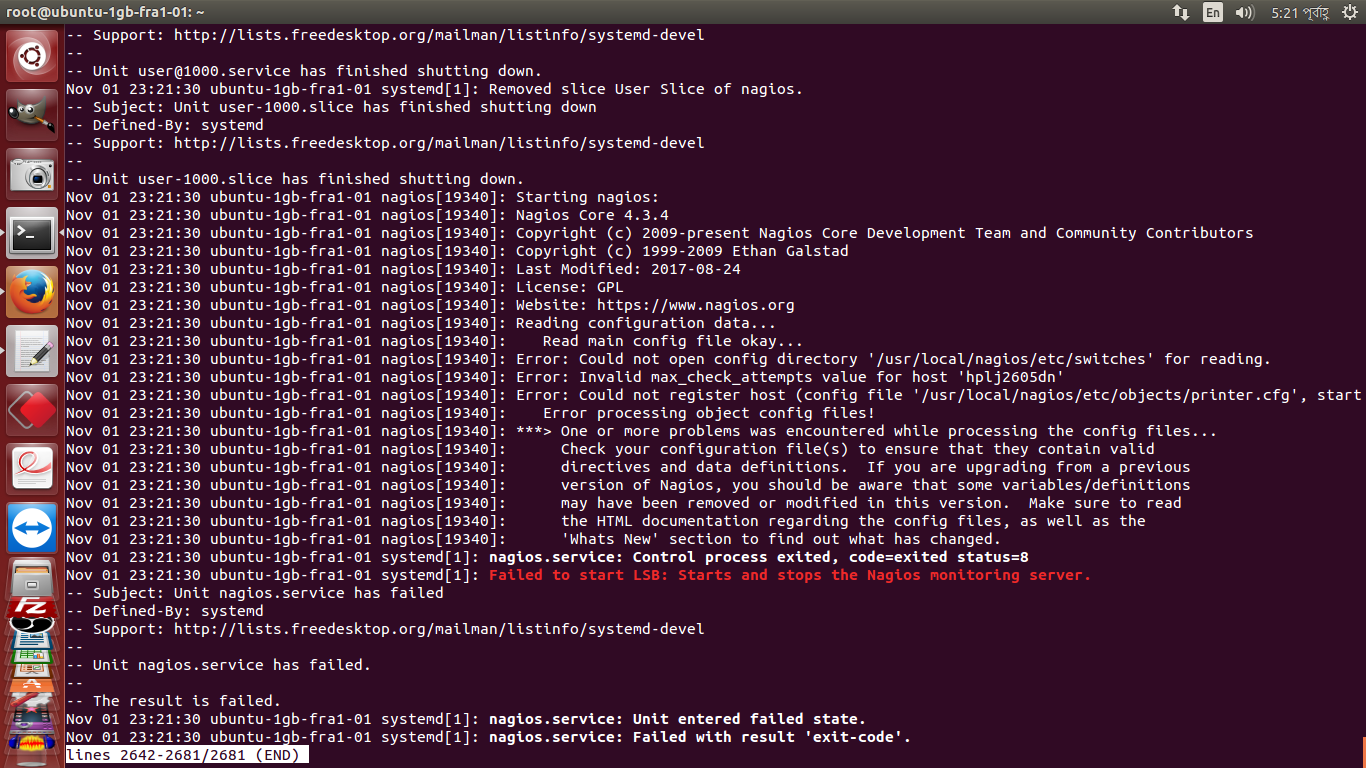 Nagios dies silently if you reload the configuration and resource.cfg ...