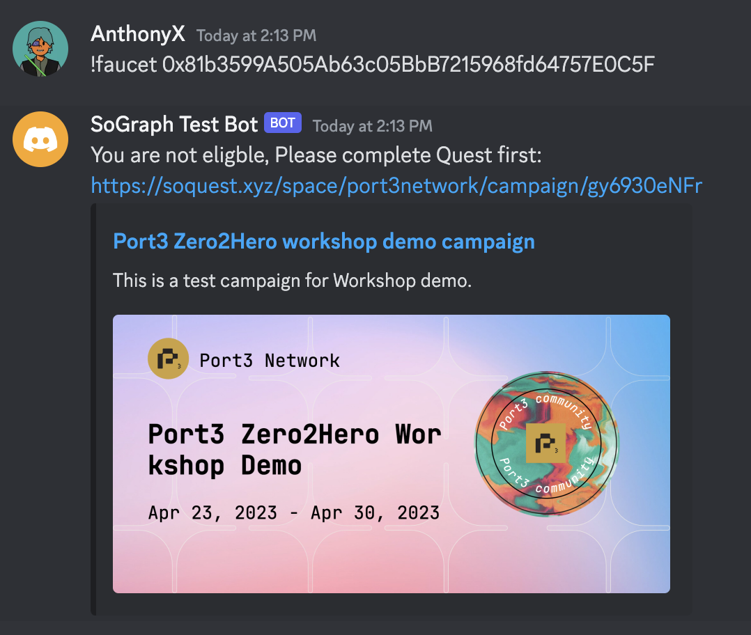GitHub - Port3-Network/FaucetBot: Faucet bot demo using SoQuest open API