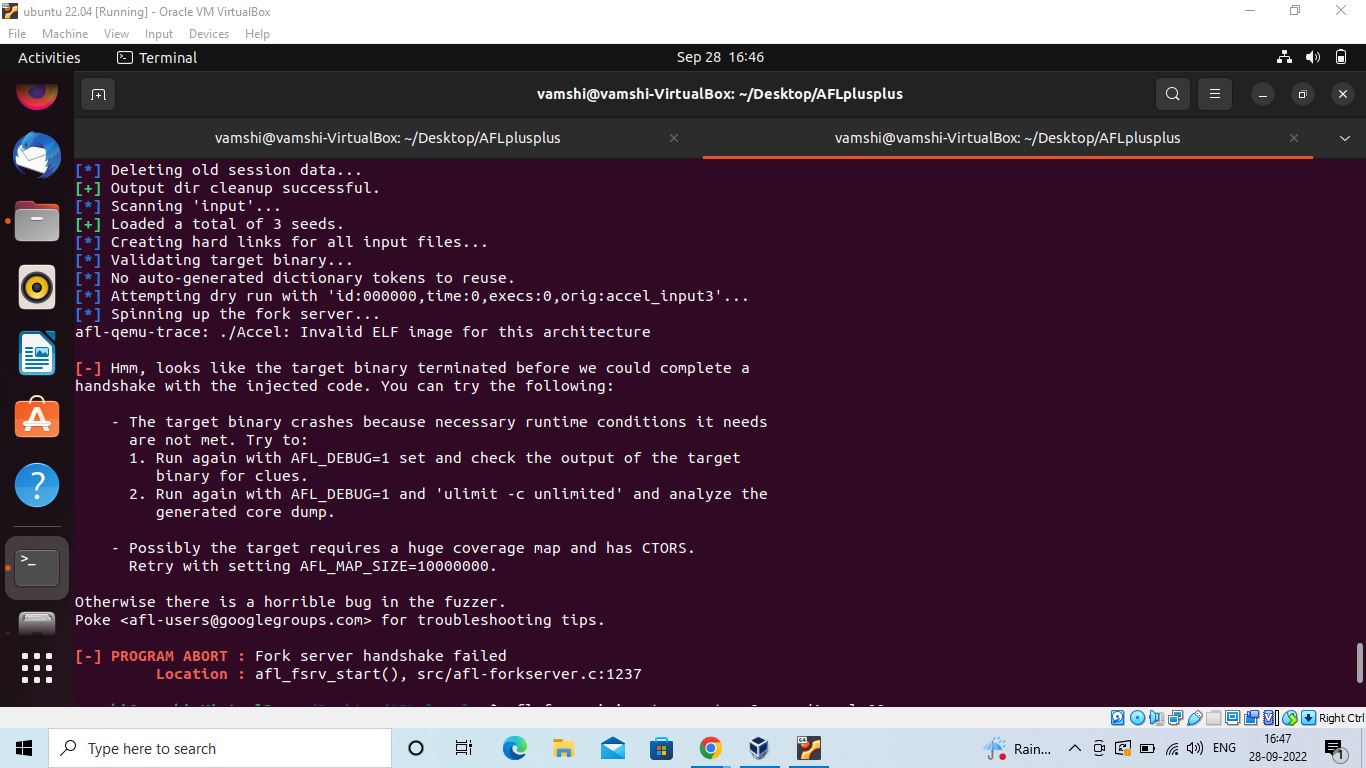 how to resolve "Fork server handshake failed" · Issue #1536 · AFLplusplus/AFLplusplus · GitHub