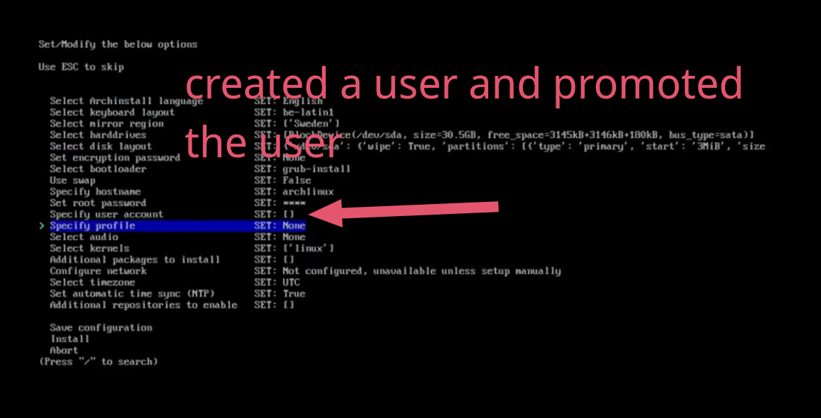 Creating User And Promoting Him Does Not Show In The Script · Issue 1182 · Archlinux