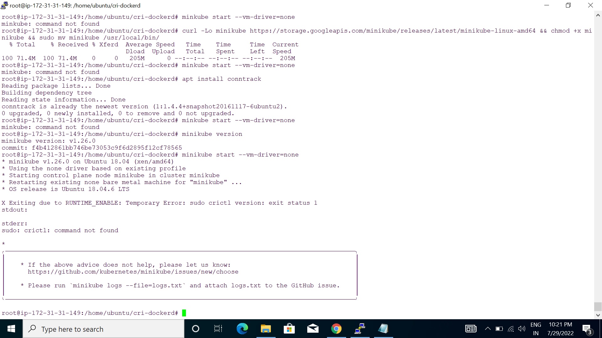 X Exiting due to RUNTIME_ENABLE: Temporary Error: sudo crictl version: exit status 1 stdout ...