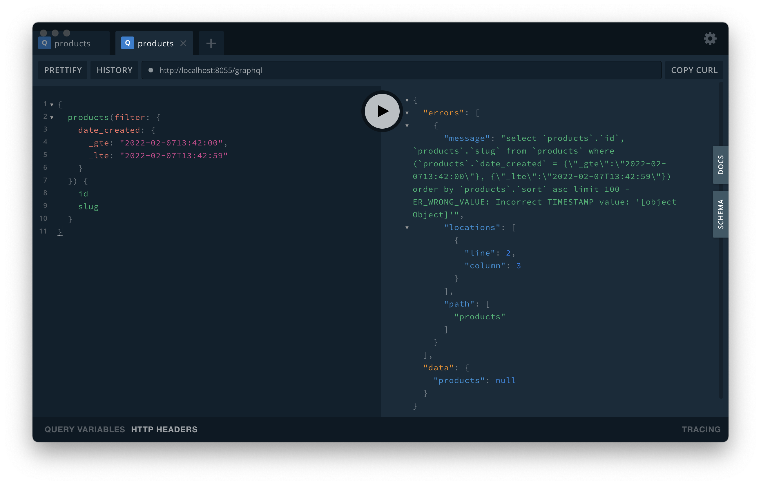 filter on system date field: ER_WRONG_VALUE: Incorrect TIMESTAMP value: '[object Object ...