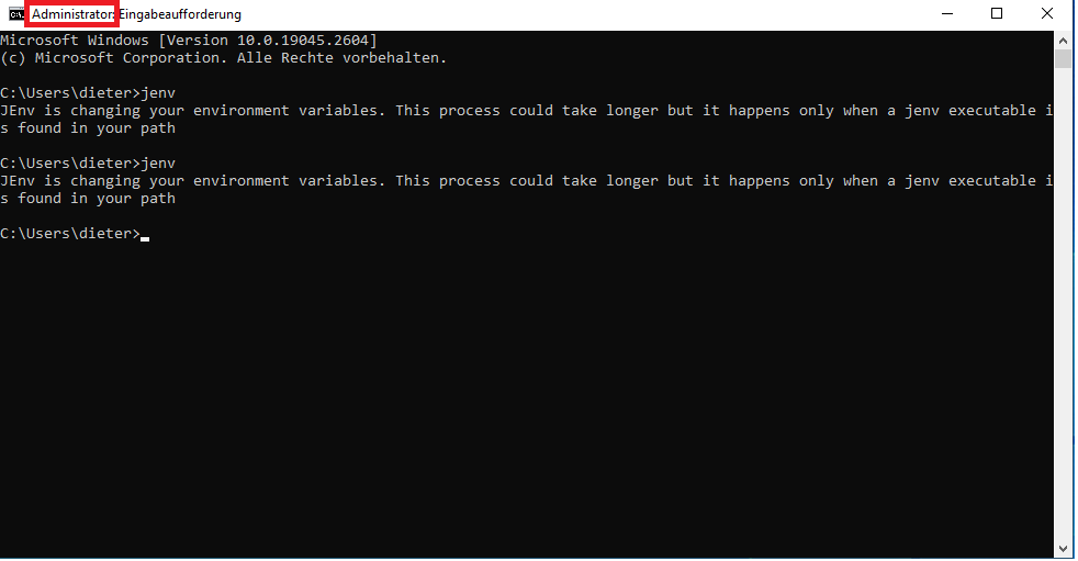 JEnv is changing your environment variables. This process could take longer but it happens only ...
