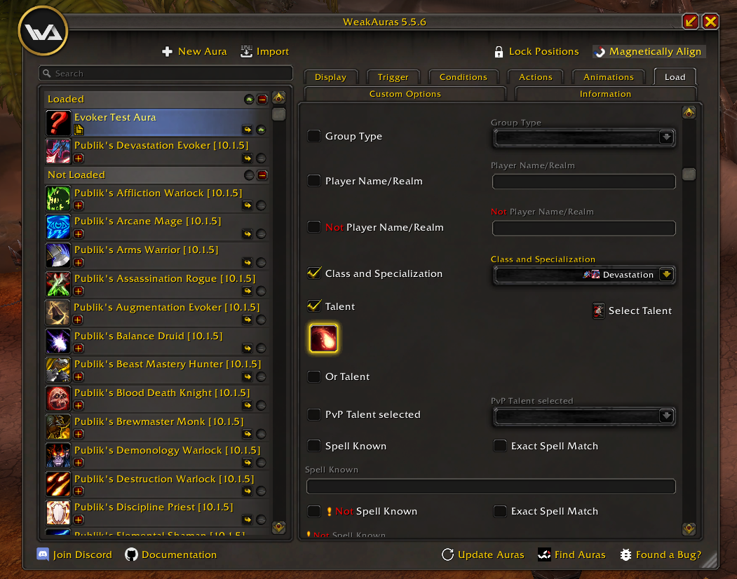 Importing an Aura made with an Evoker talent load condition from PTR fails on live servers ...
