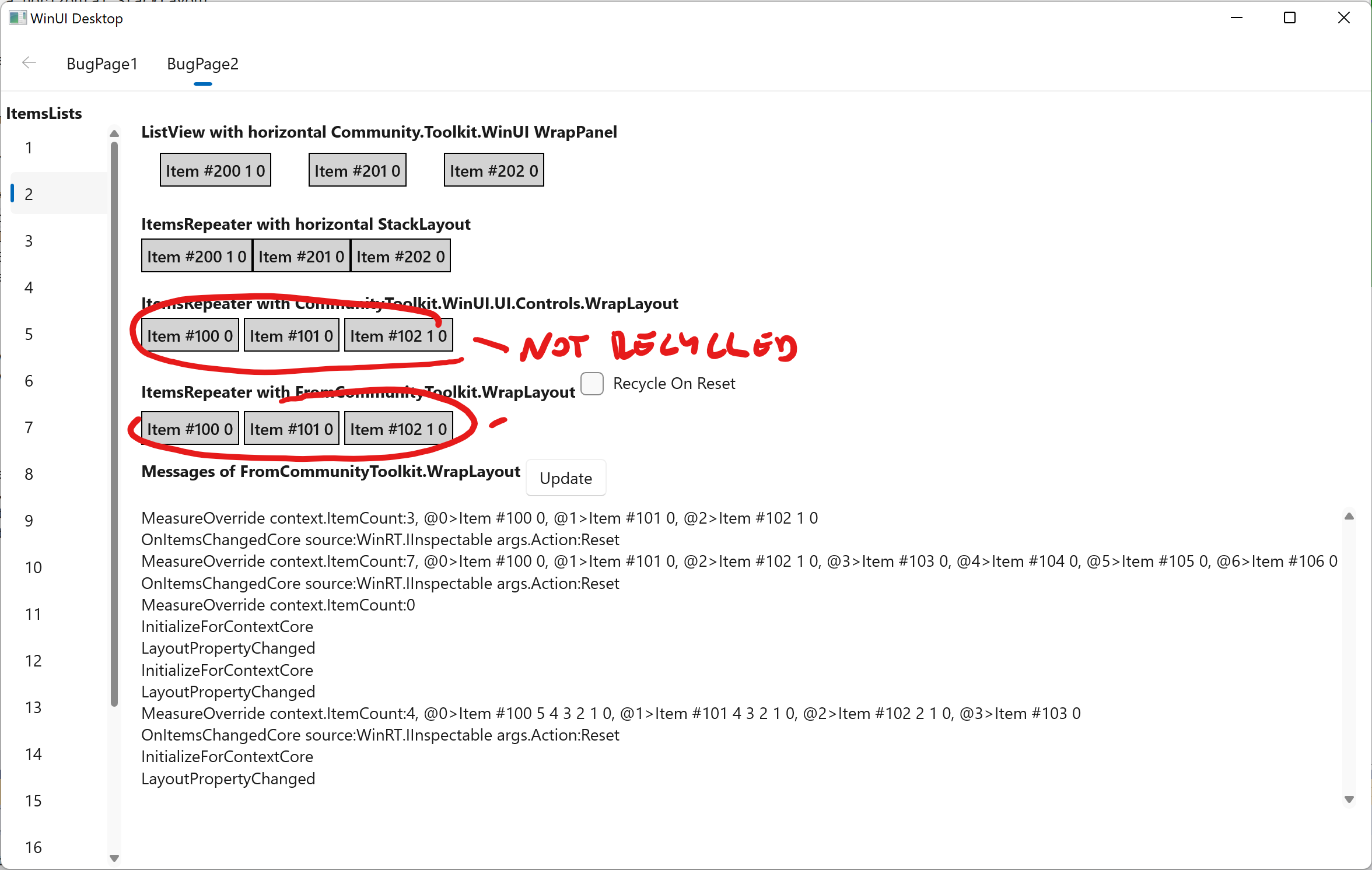 ItemsRepeater documentation incomplete or does not recycle elements itself on ItemsSource ...