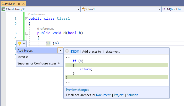 Add braces refactoring should be offered even when `csharp_prefer ...