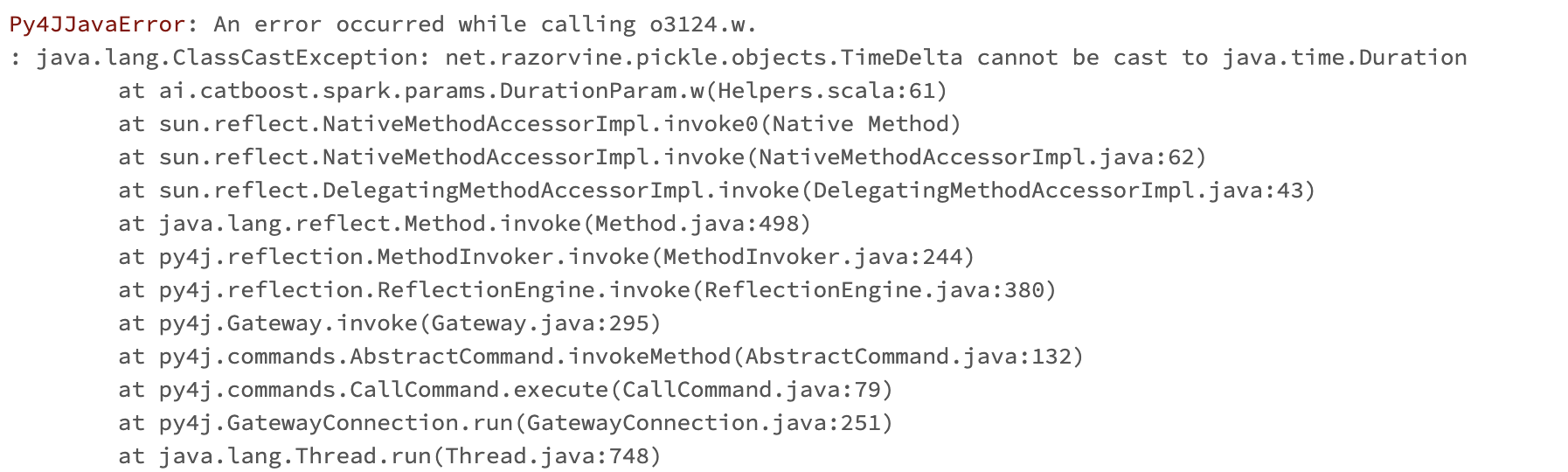 TimeDelta error when fitting CatBoostClassifier in catboost_spark · Issue #2223 · catboost ...