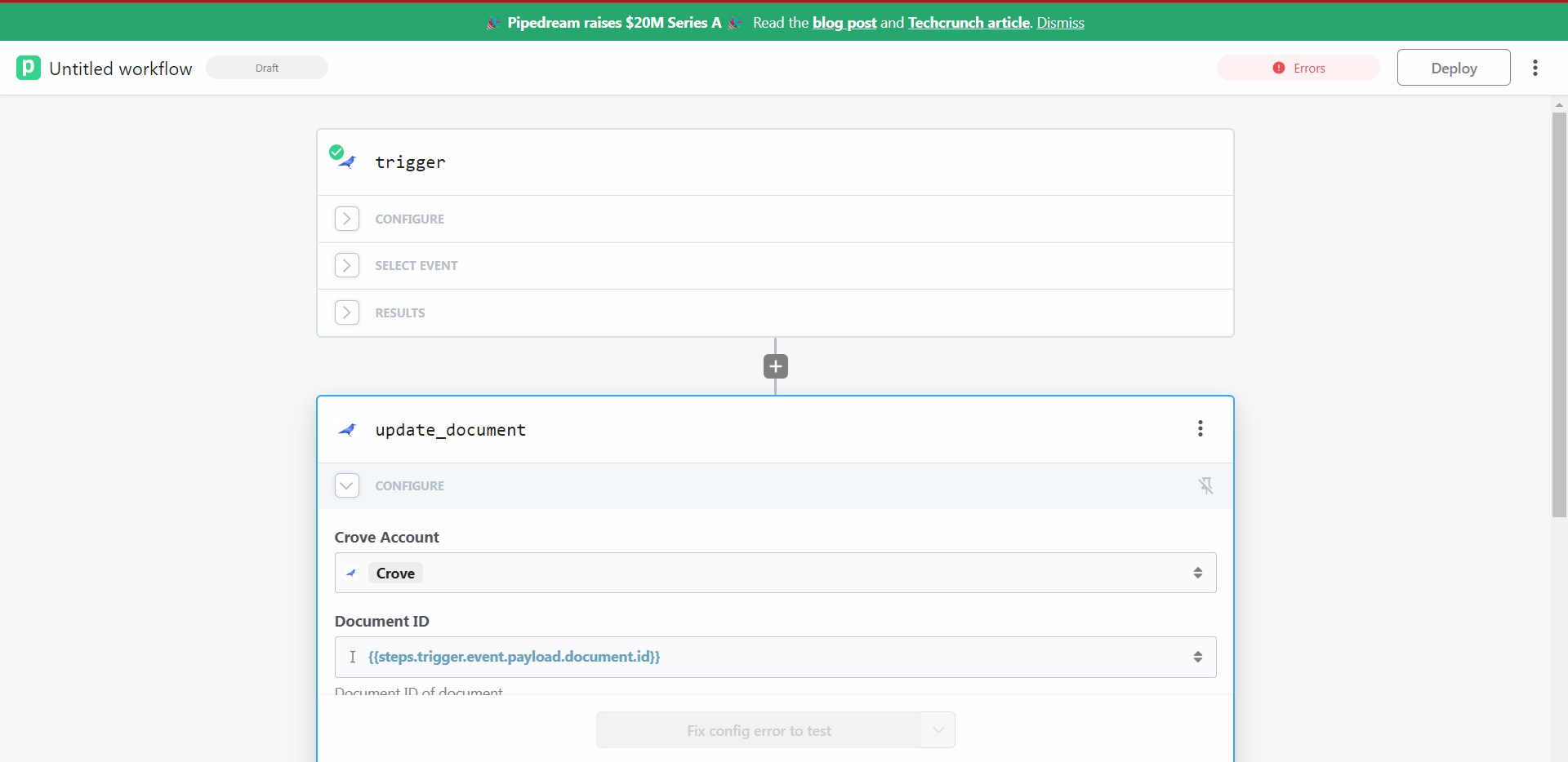 [BUG] Configuration error in Crove's update document action when document id from previous step ...
