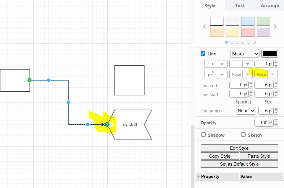 Line start and Line end display "None" when double arrow is selected ...