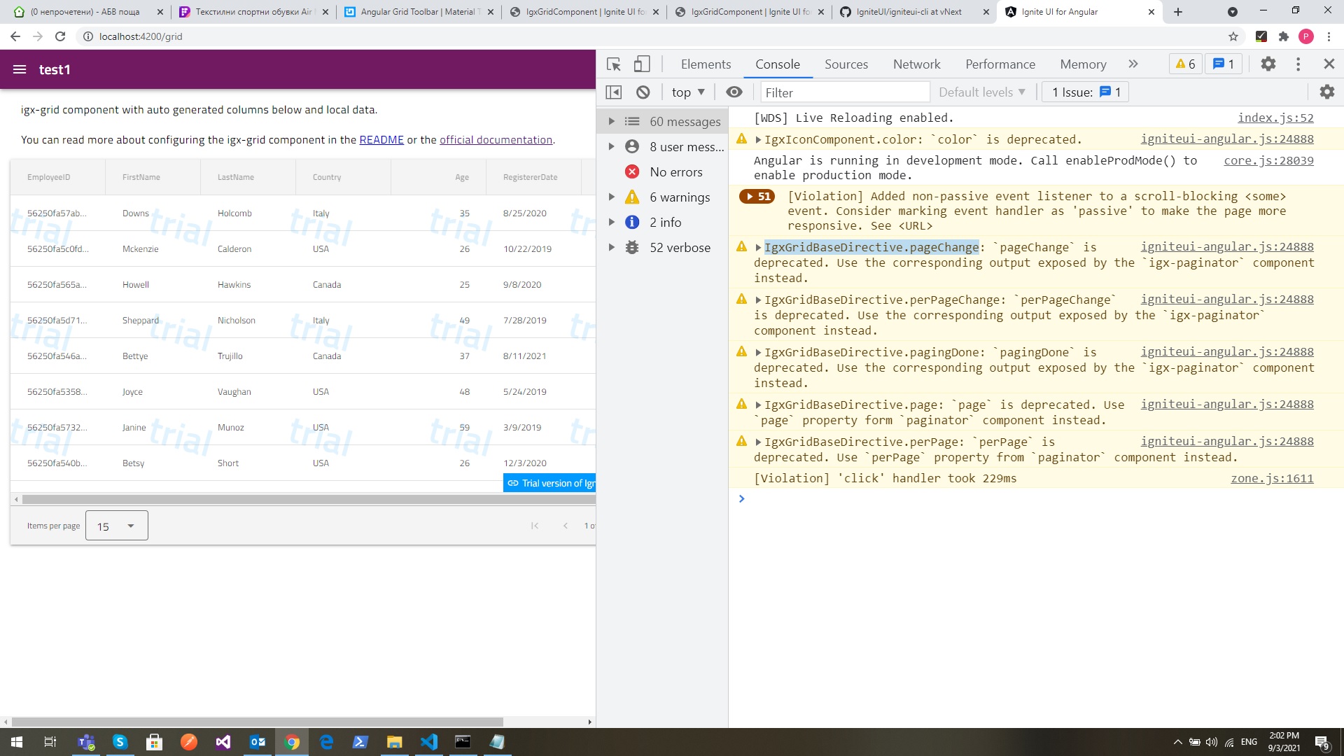 IgxGridBaseDirective throws console warnings even when the deprecated properties are not used ...
