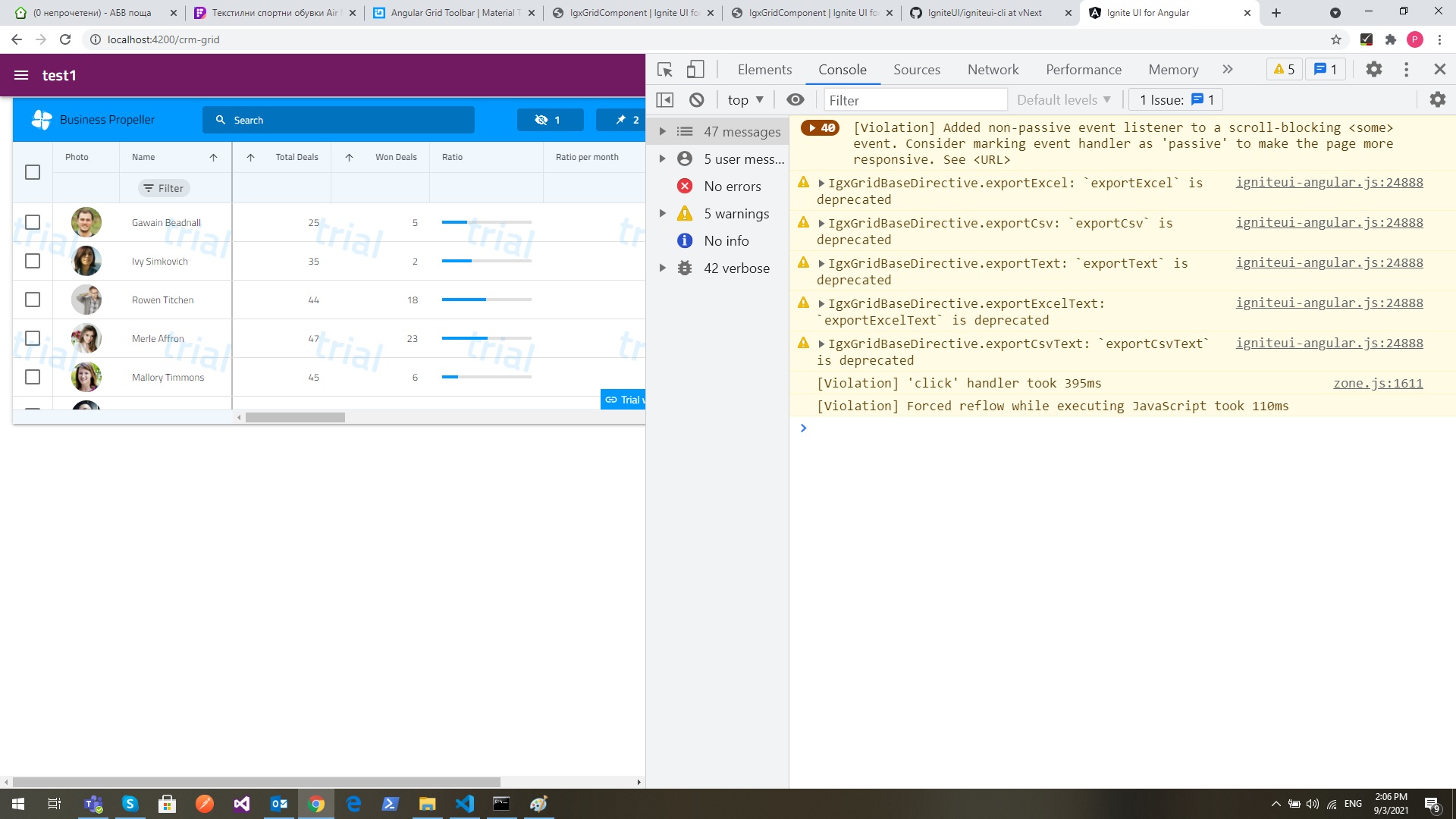 IgxGridBaseDirective throws console warnings even when the deprecated properties are not used ...