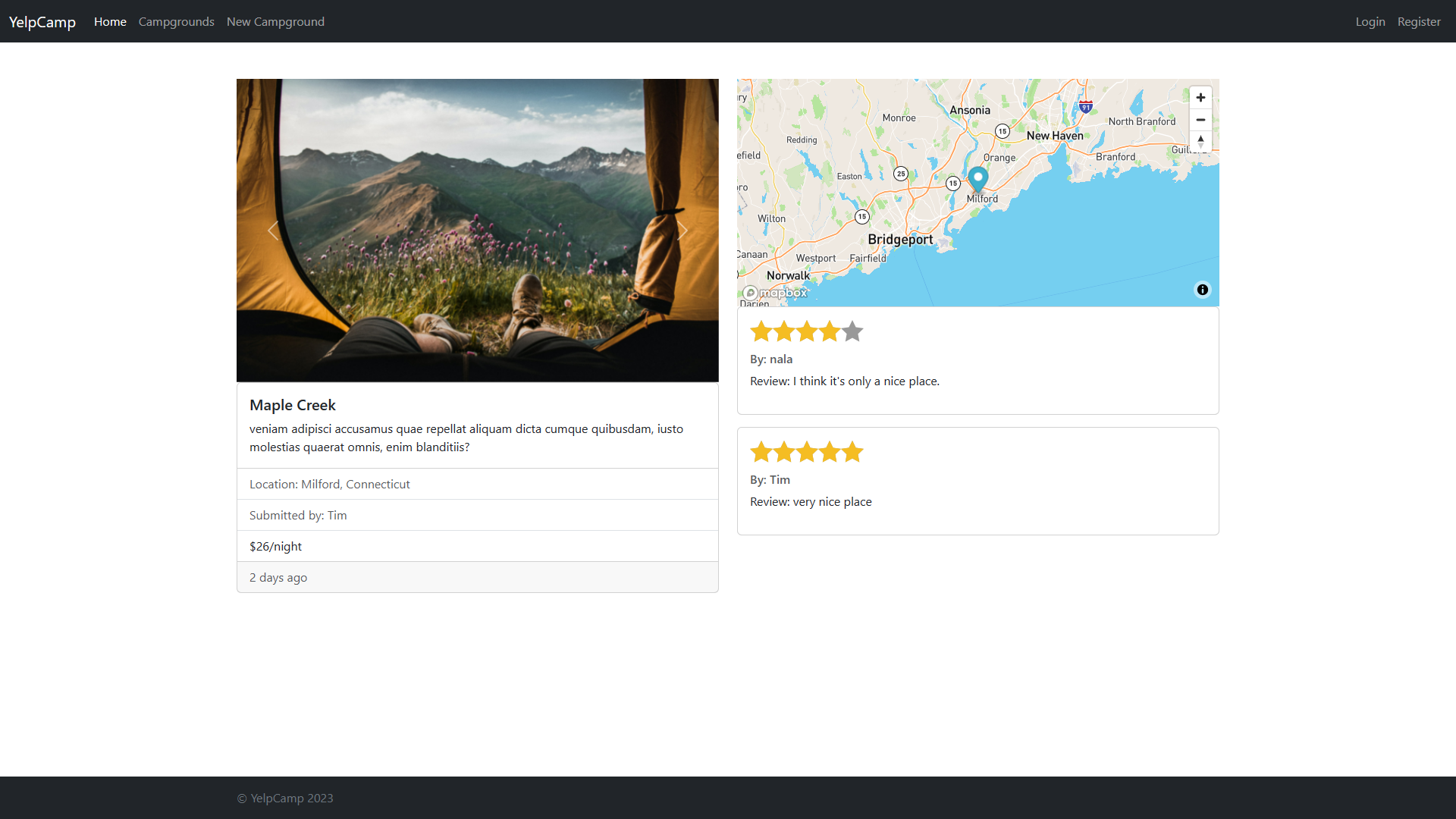 GitHub - danidin07/YelpCamp: website that shows campsite details and location (with maps) also ...