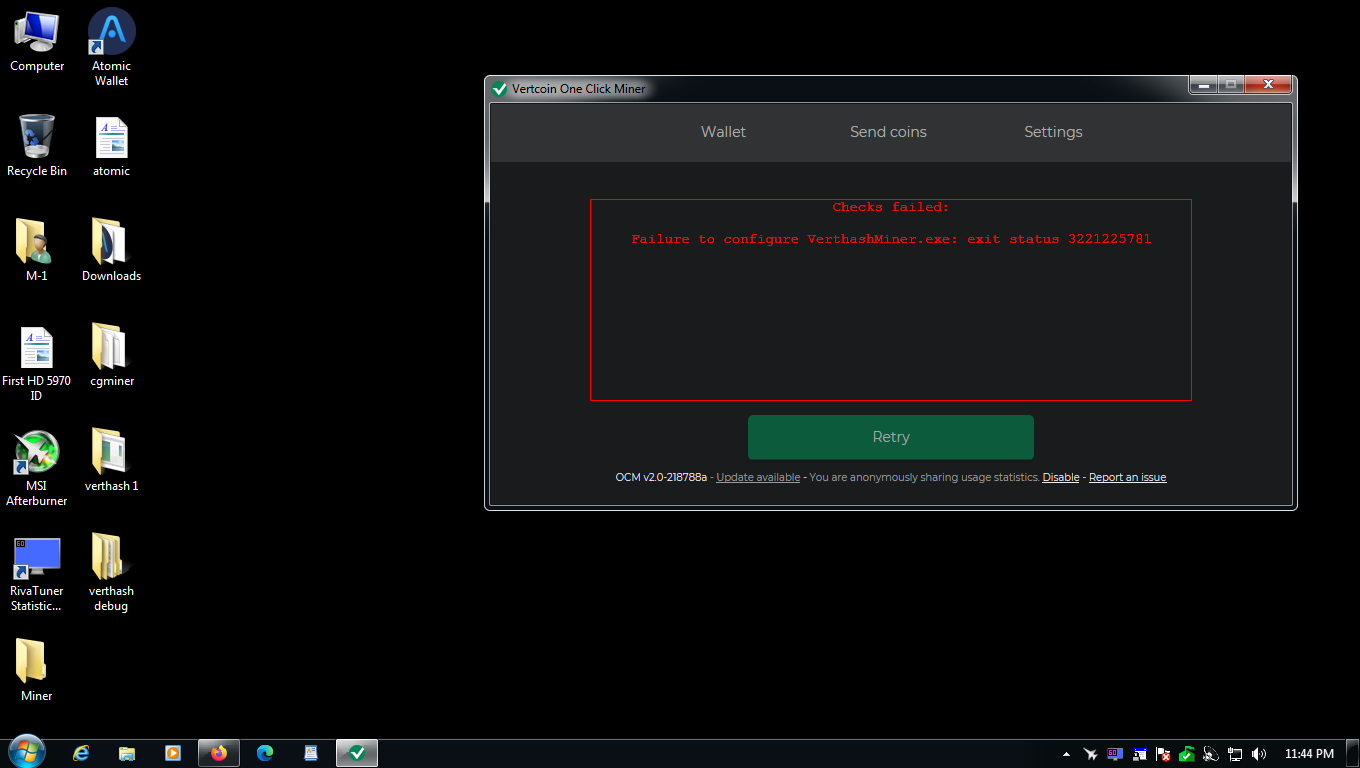 Failure to config verthashMiner.exe exit status 3221225781 / W-7 dual ...