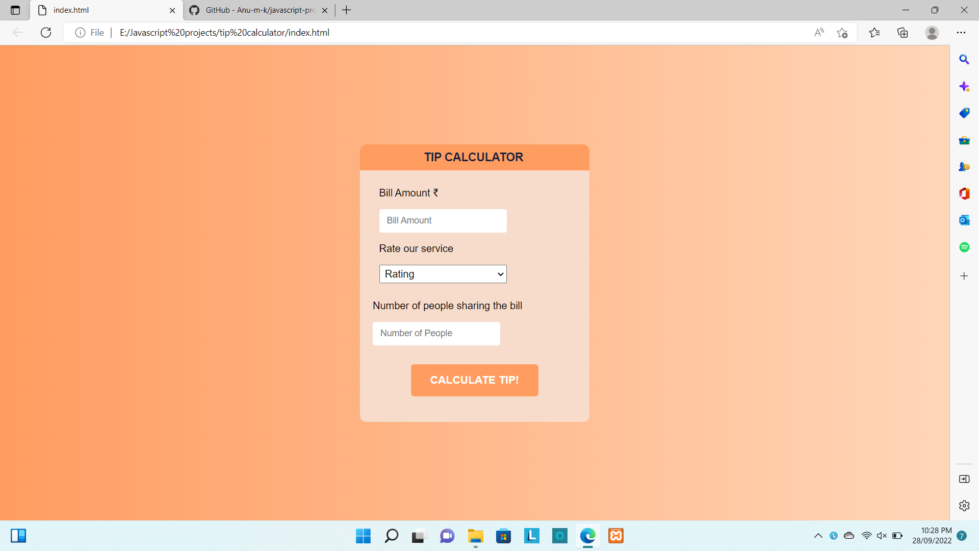Github Anu M Kjavascript Project Tip Calculator Using Html Css Javascript