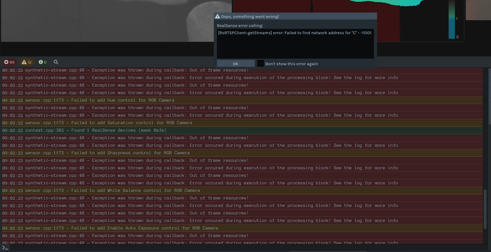 Error synthetic-stream.cpp:48 - Exception was thrown during callback: Out of frame resources ...