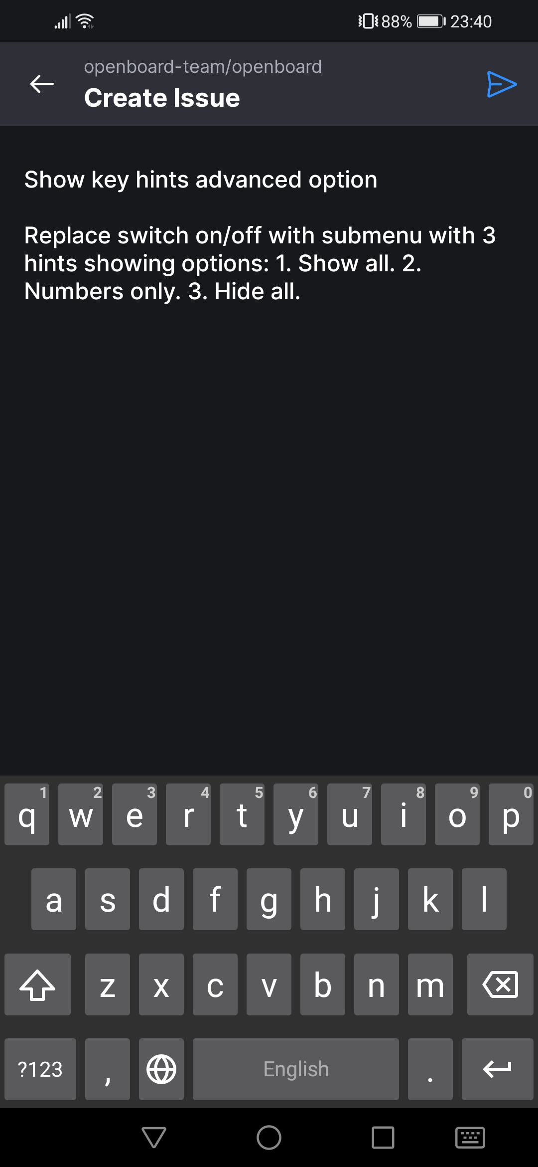 Show key hints advanced option Replace switch on/off with submenu with 3 hints showing options ...