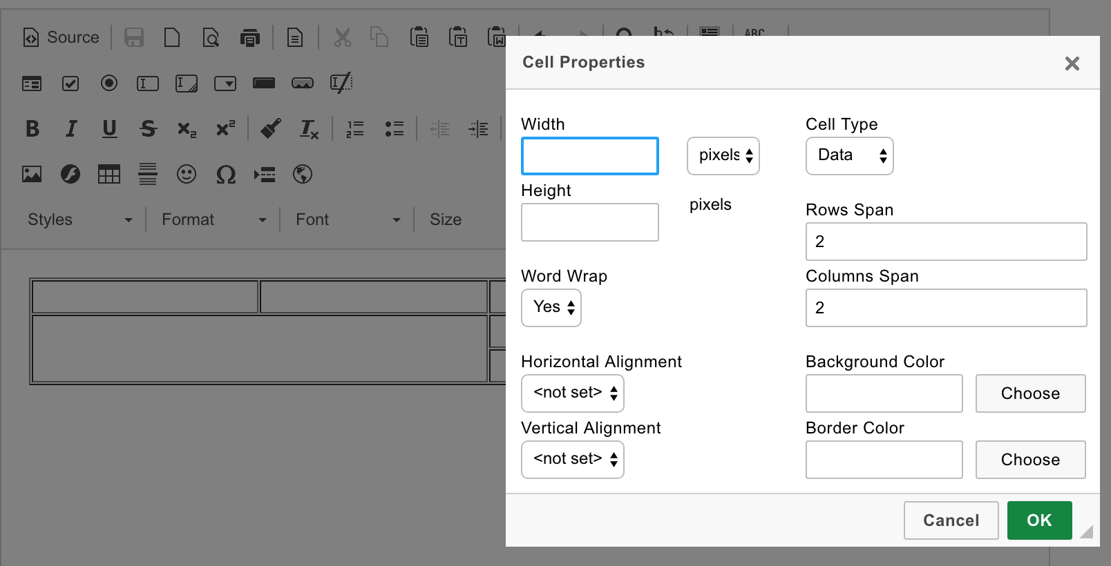 Cell Properties Does Not Prime RowSpan and ColSpan Values · Issue #3143 · ckeditor/ckeditor4 ...