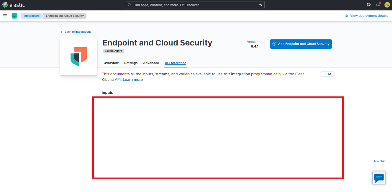 [Security Solution] `Inputs` are not visible under API Reference tab for `Endpoint and Cloud ...