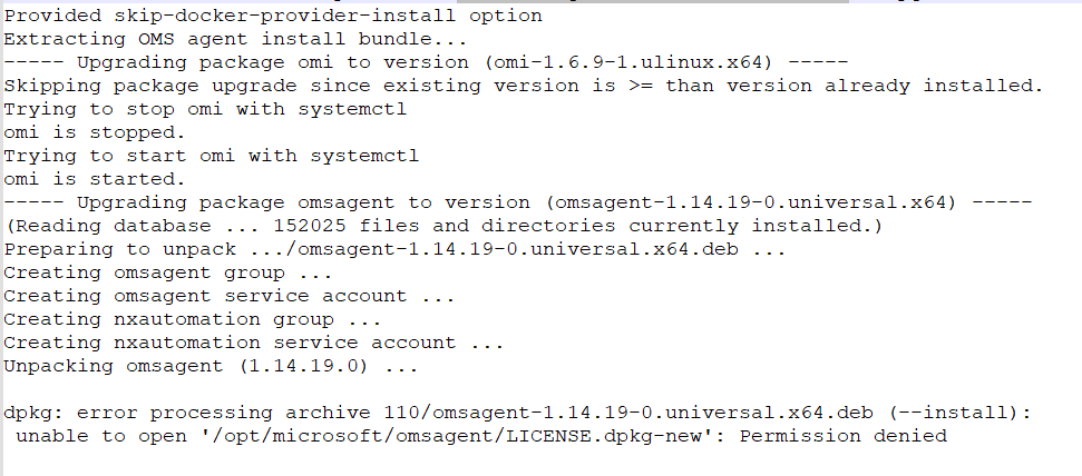unable to open '/opt/microsoft/omsagent/LICENSE.dpkg-new': Permission denied: · Issue #1499 ...