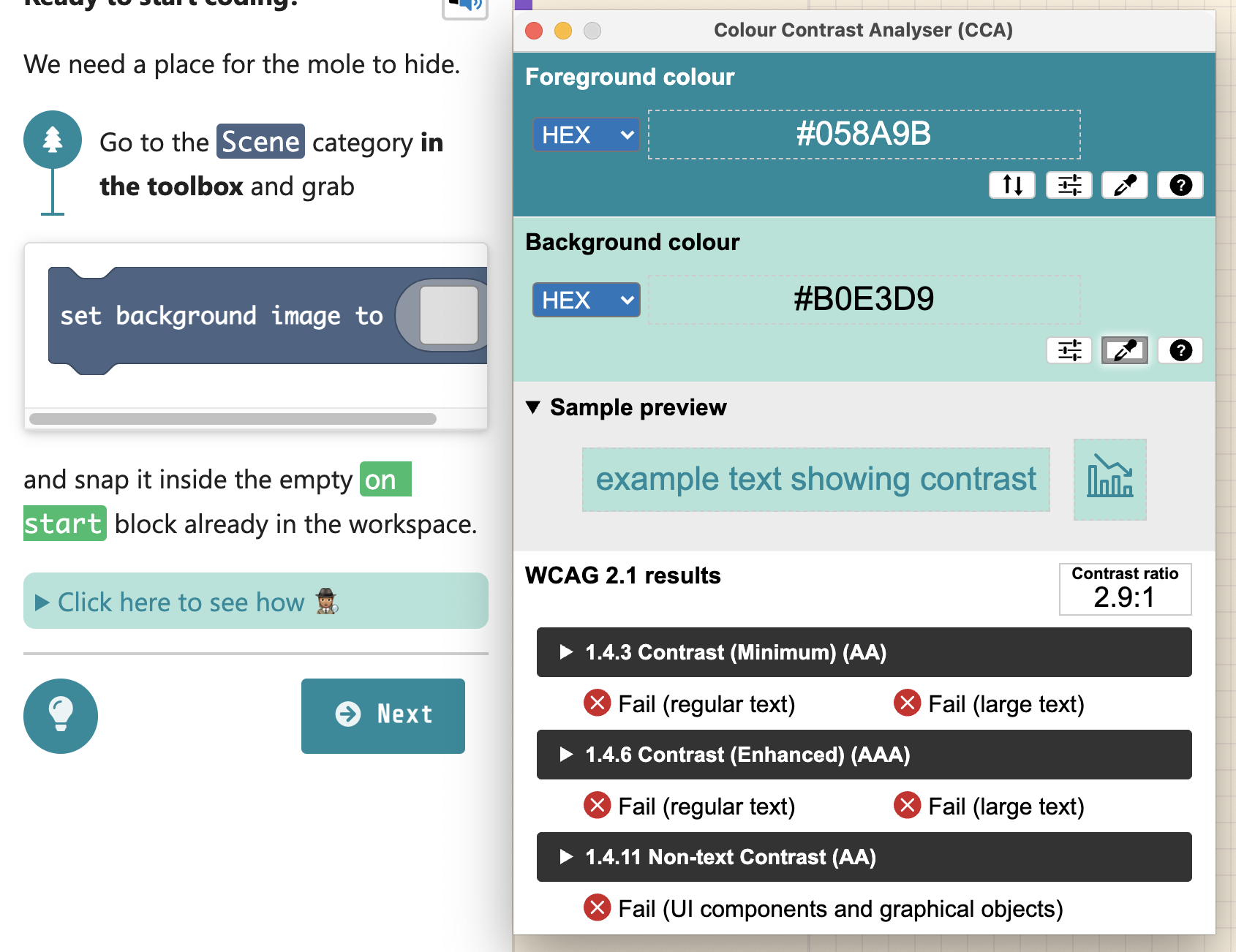 Non accessible color in the inline hints. · Issue #5028 · microsoft/pxt-arcade · GitHub