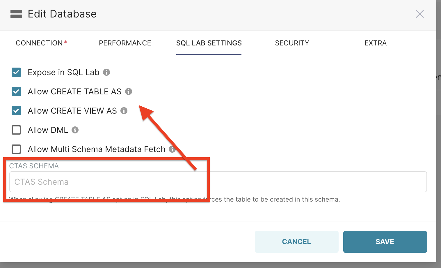 Move CTAS Schema Field Closer to the "Allow Create Table As" In Edit Datasource Modal · Issue ...