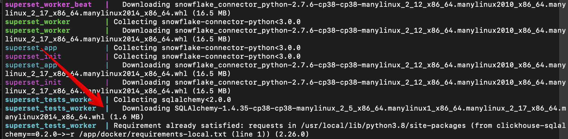 Unable to run Superset using Docker - driver in requirements-local is downloading SQLAlchemy-1.4 ...