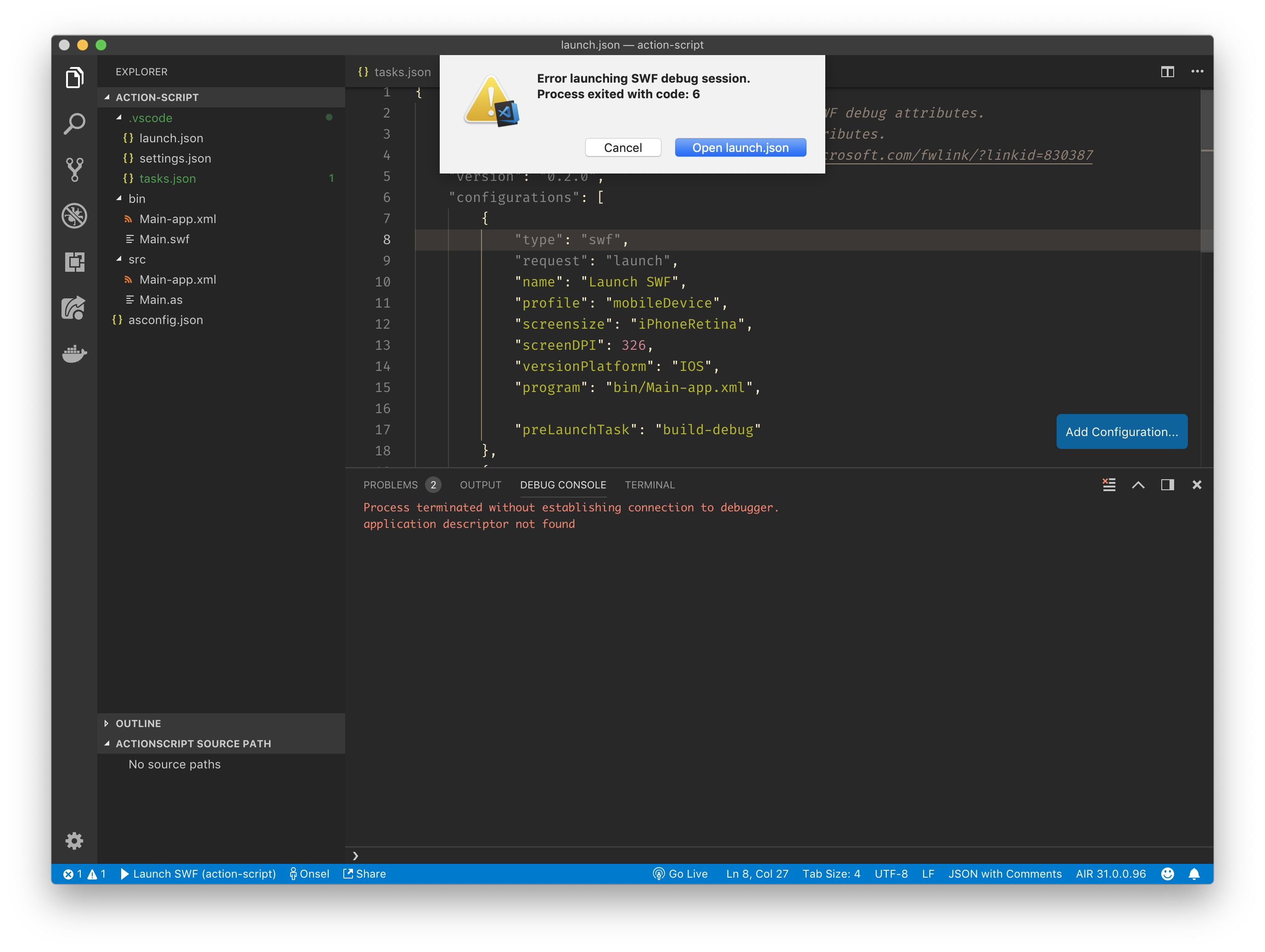 Can't debug the application · Issue #295 · BowlerHatLLC/vscode-as3mxml · GitHub