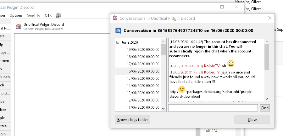 Cannot access the channel log from Pidgin's UI. · Issue #296 · EionRobb/purple-discord · GitHub