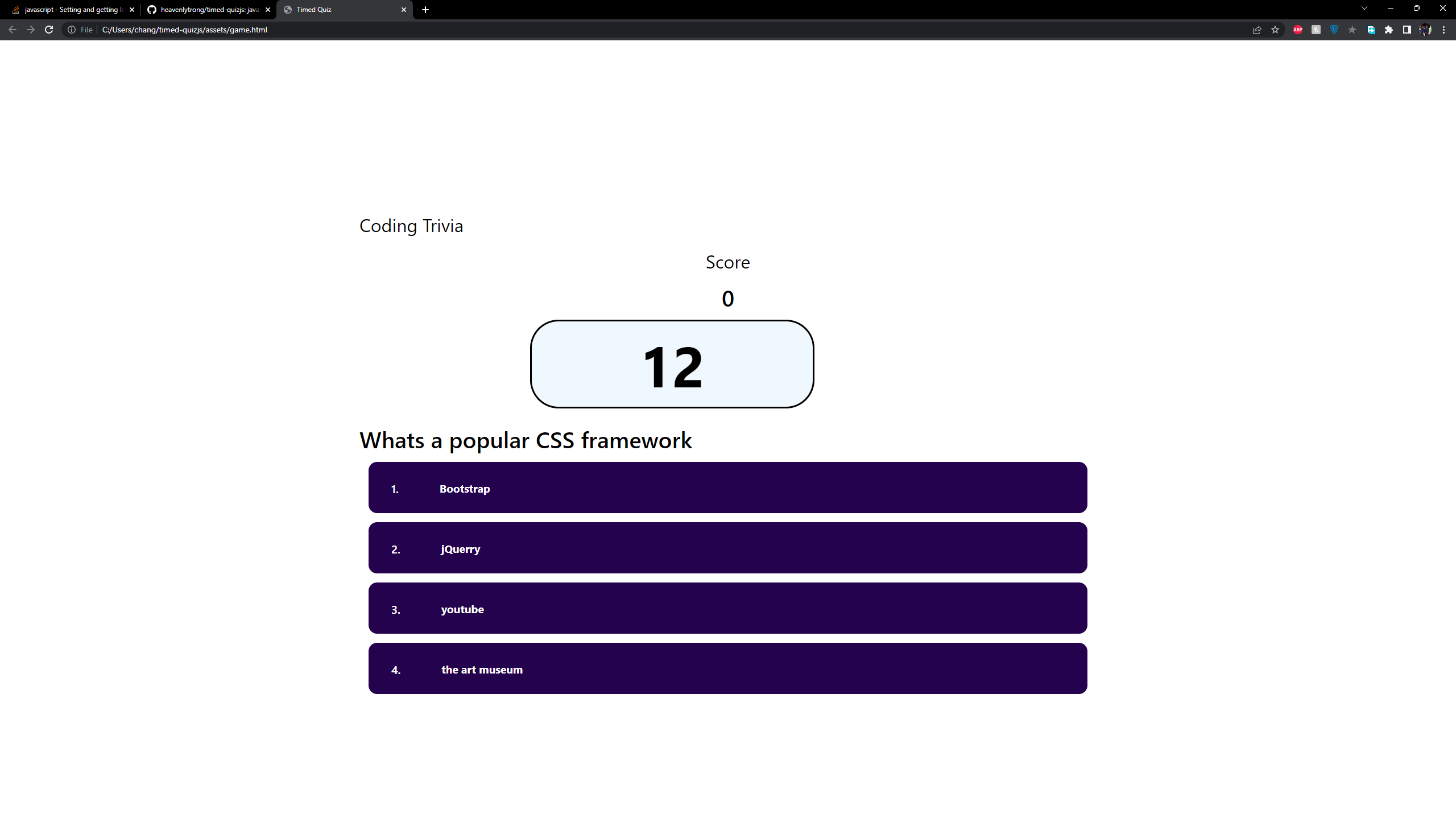 Github Heavenlytrong Timed Quizjs Javascript And Html Based Quiz Game With Functional