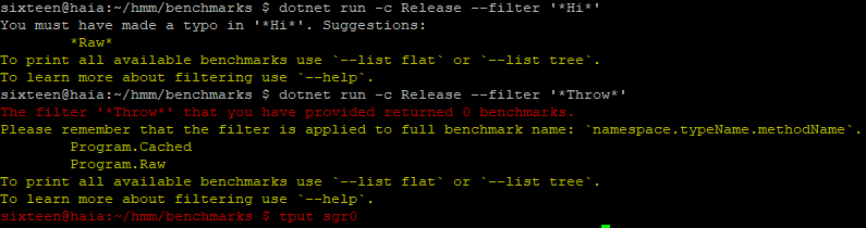Running on Linux leaves terminal colors changed · Issue #2088 · dotnet/BenchmarkDotNet · GitHub