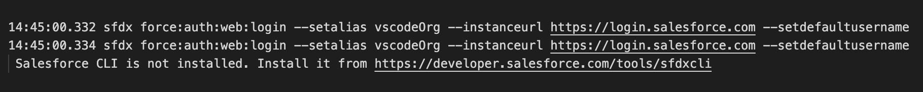 "SFDX: Open Default Org" shows "Salesforce CLI not installed", running the same command in ...
