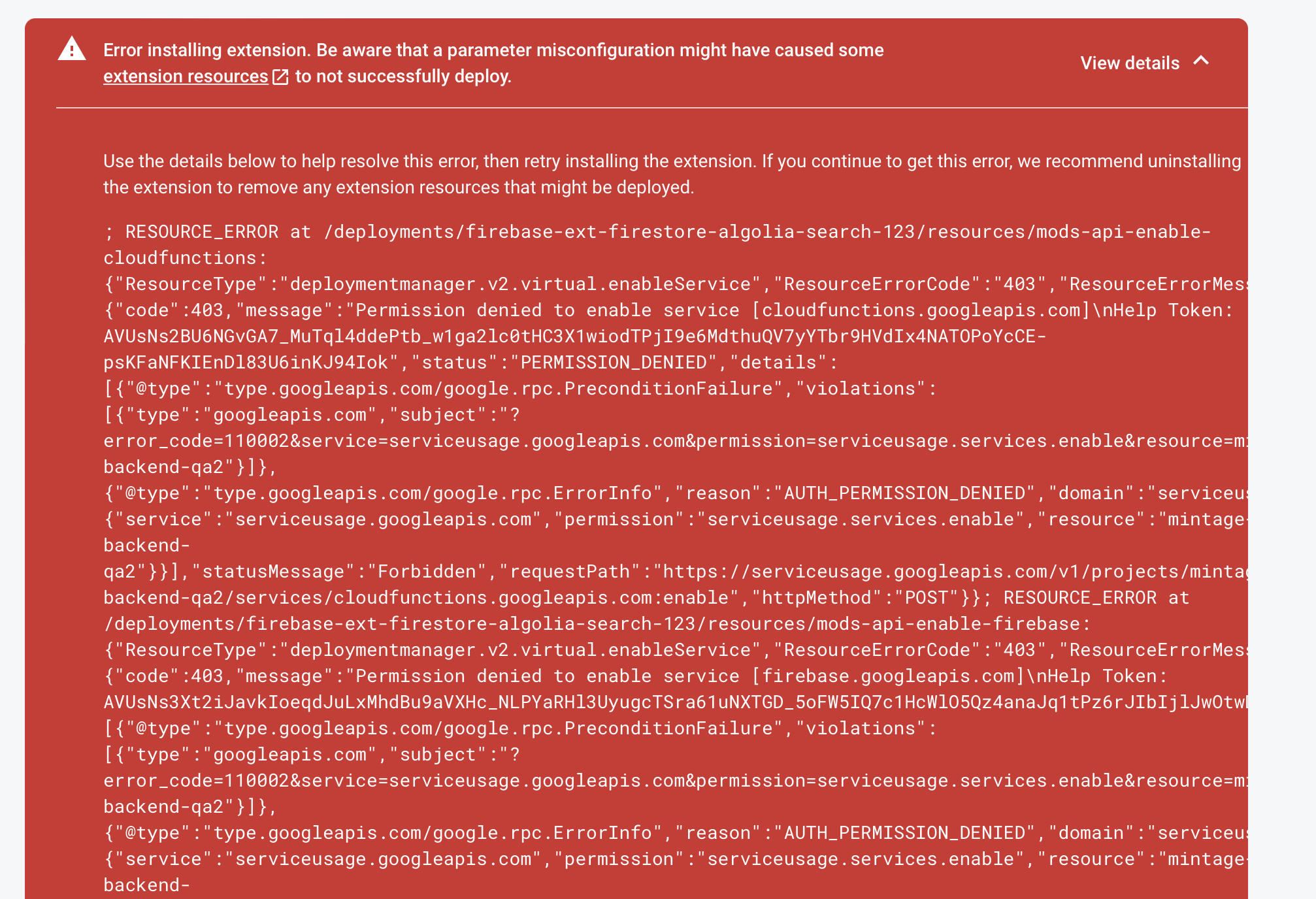 Firebase does not install/uninstall extensions. AUTH_PERMISSION_DENIED error · Issue #1445 ...