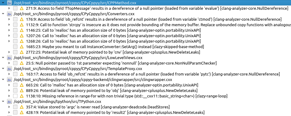[bindings] Clang-Tidy Clazy Analyzer leaks / bugs report · Issue #7400 · root-project/root · GitHub