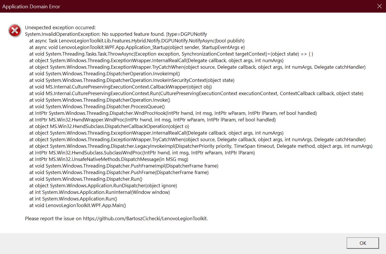 [BUG]: No Supported Feature Found · Issue #886 · BartoszCichecki/LenovoLegionToolkit · GitHub