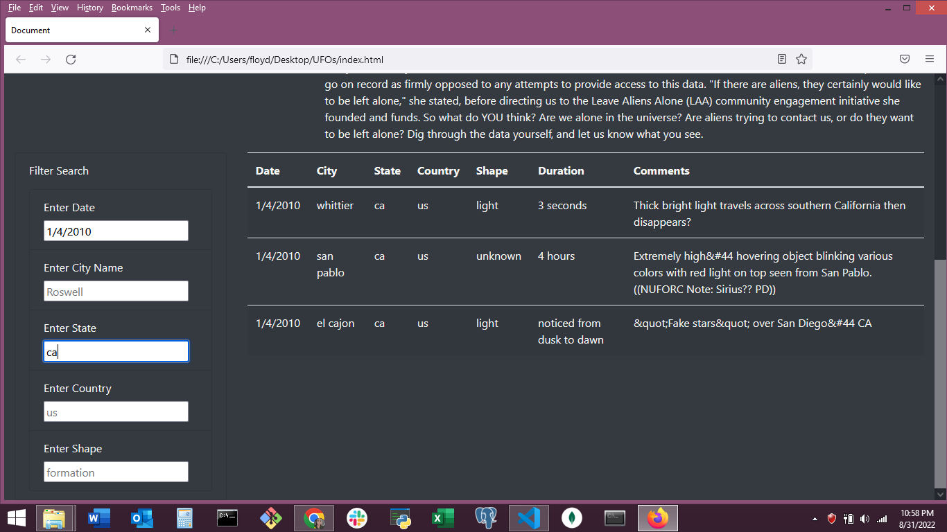 Github Svujcichufos Creating An Interactive Webpage About Ufo Sightings Using A Javascript File