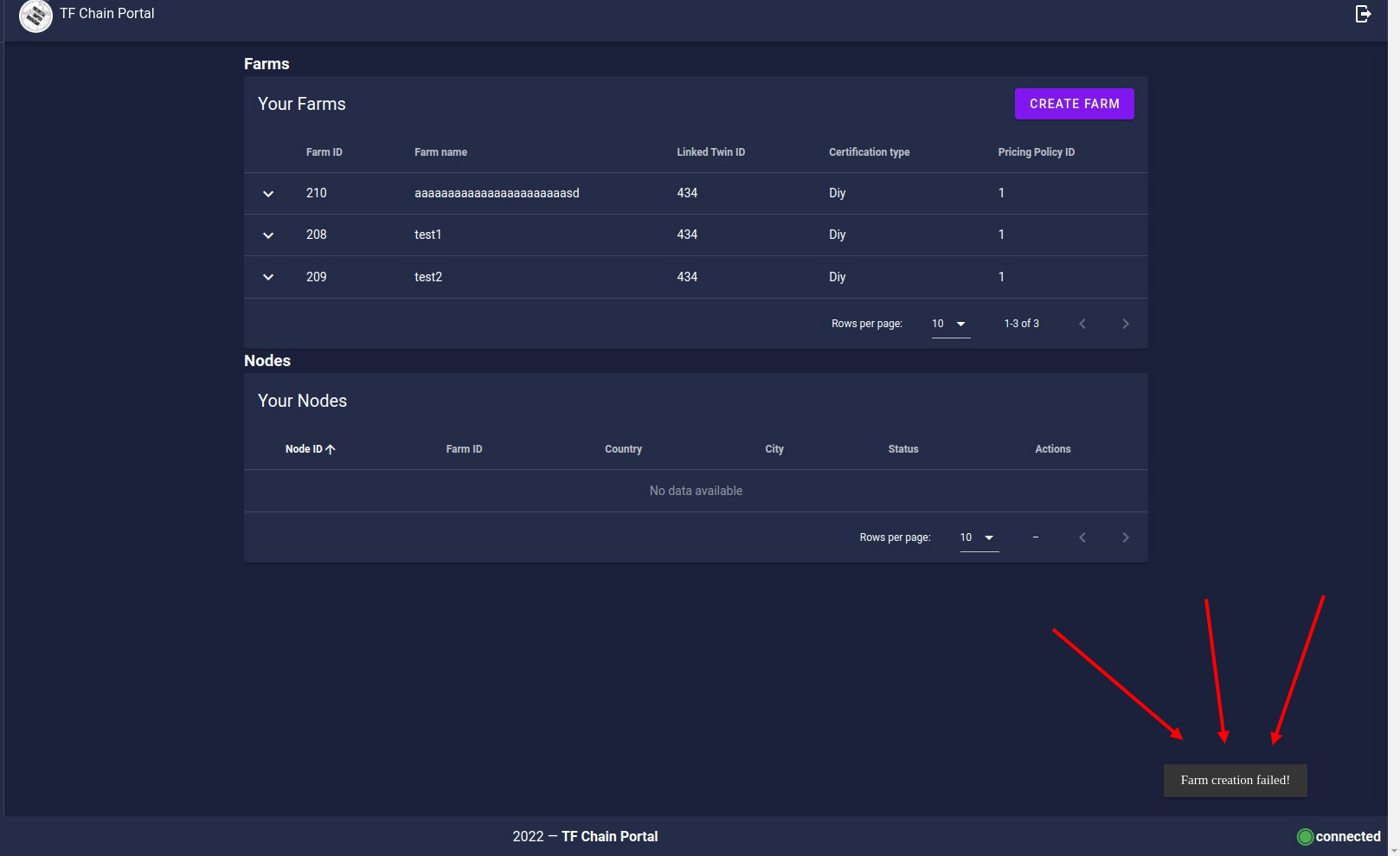 Add a clear error message if user entered an invalid number of characters in the input "Farm ...