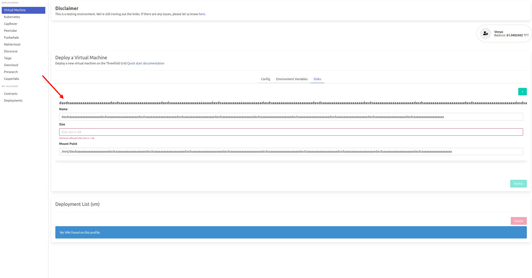 Add validation for "Name" input.VM.Disks · Issue #793 · threefoldtecharchive/grid_weblets · GitHub