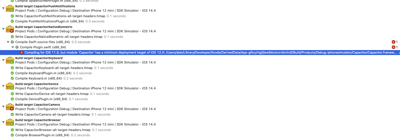 Compiling for iOS 11.0, but module 'Capacitor' has a minimum deployment target of iOS 12.0 ...