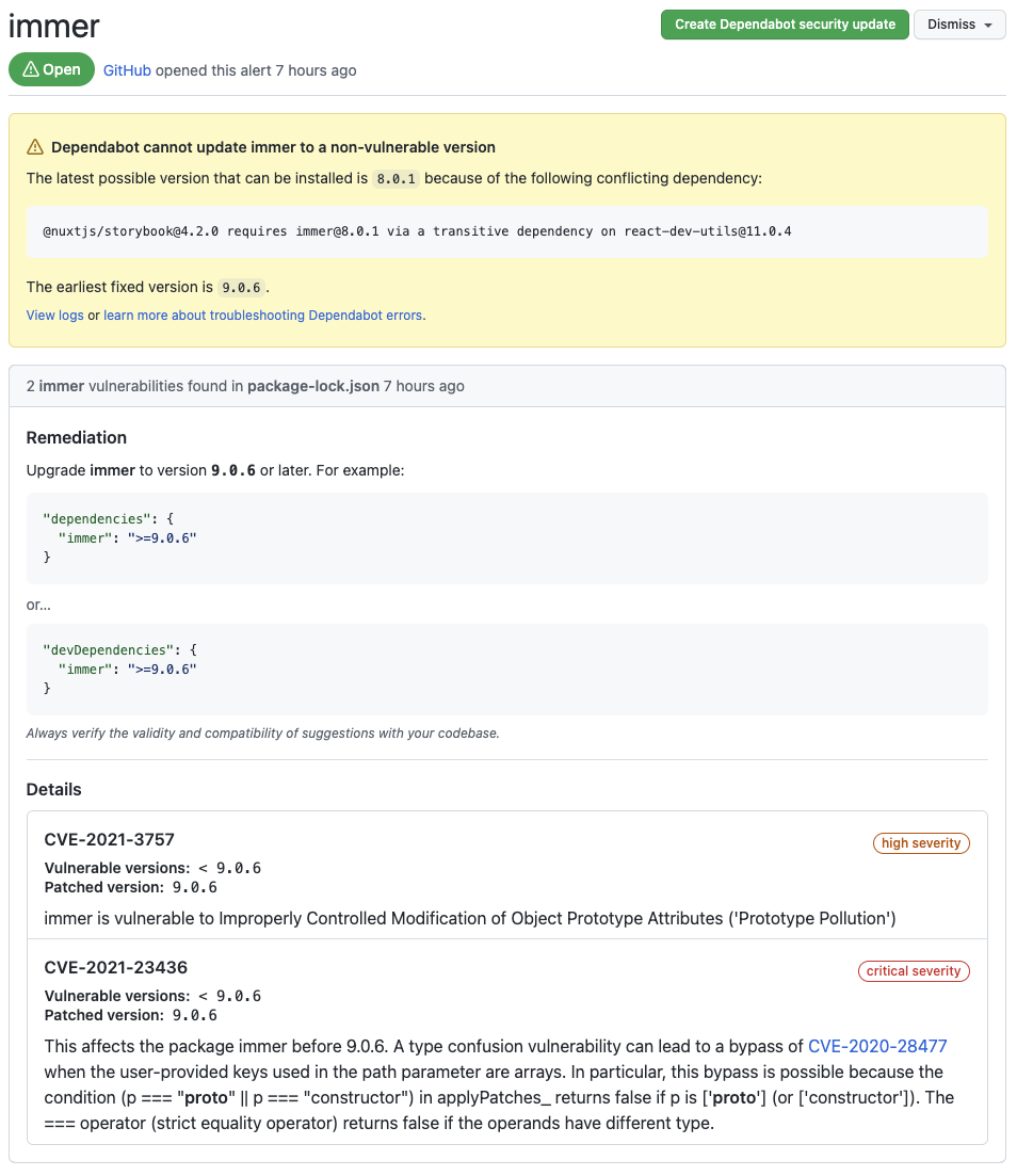 Immer and trim high/critical severity security alerts · Issue #346 · nuxt-modules/storybook · GitHub