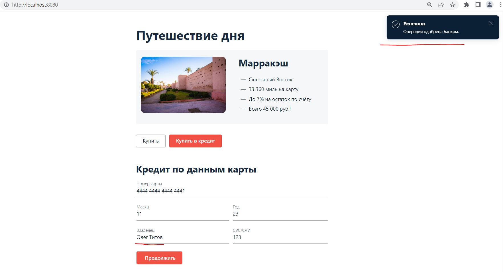 Успешная операция покупки тура в кредит , если в поле "Владелец" внесены данные на кириллице ...