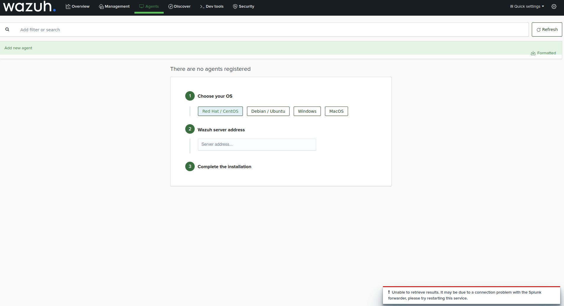 Error message on Agents tab · Issue #1299 · wazuh/wazuh-splunk · GitHub